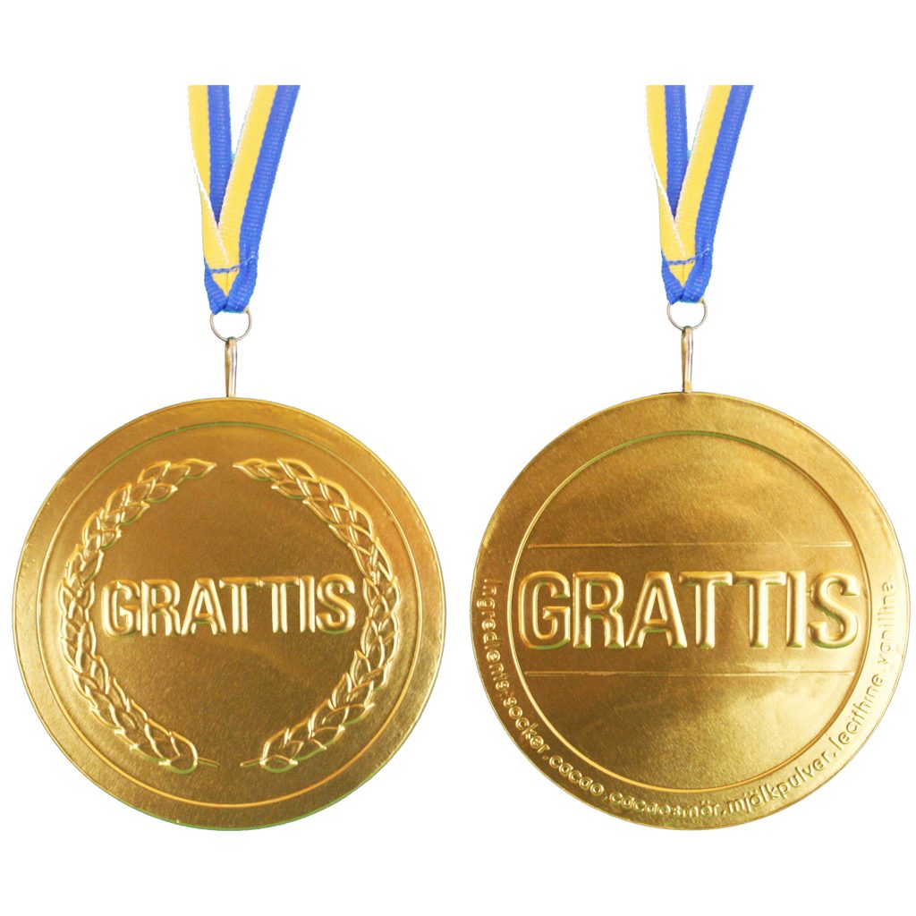 Guldmedalj av choklad med Sverigeband – ”Grattis" (ca 58 gram)